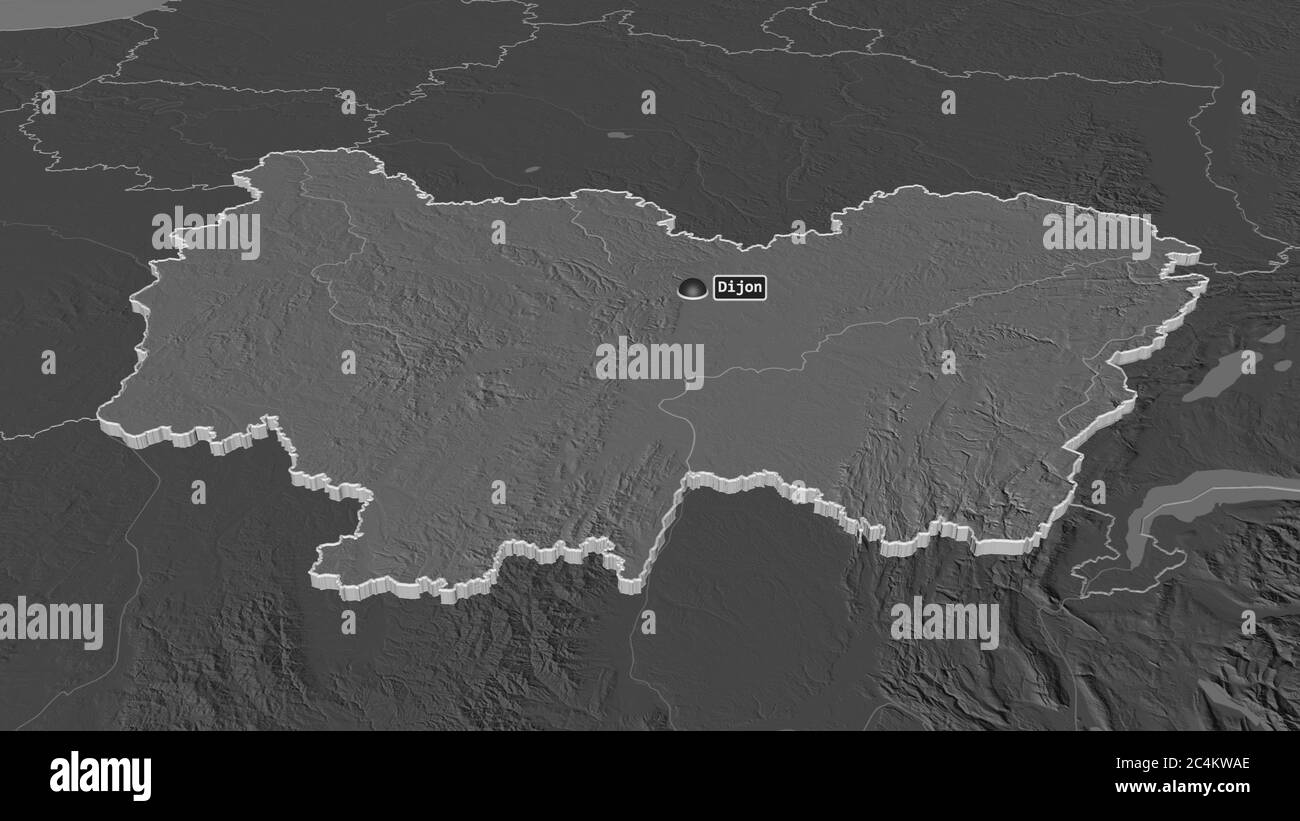 Zoom in on Bourgogne-Franche-Comté (region of France) extruded. Oblique ...