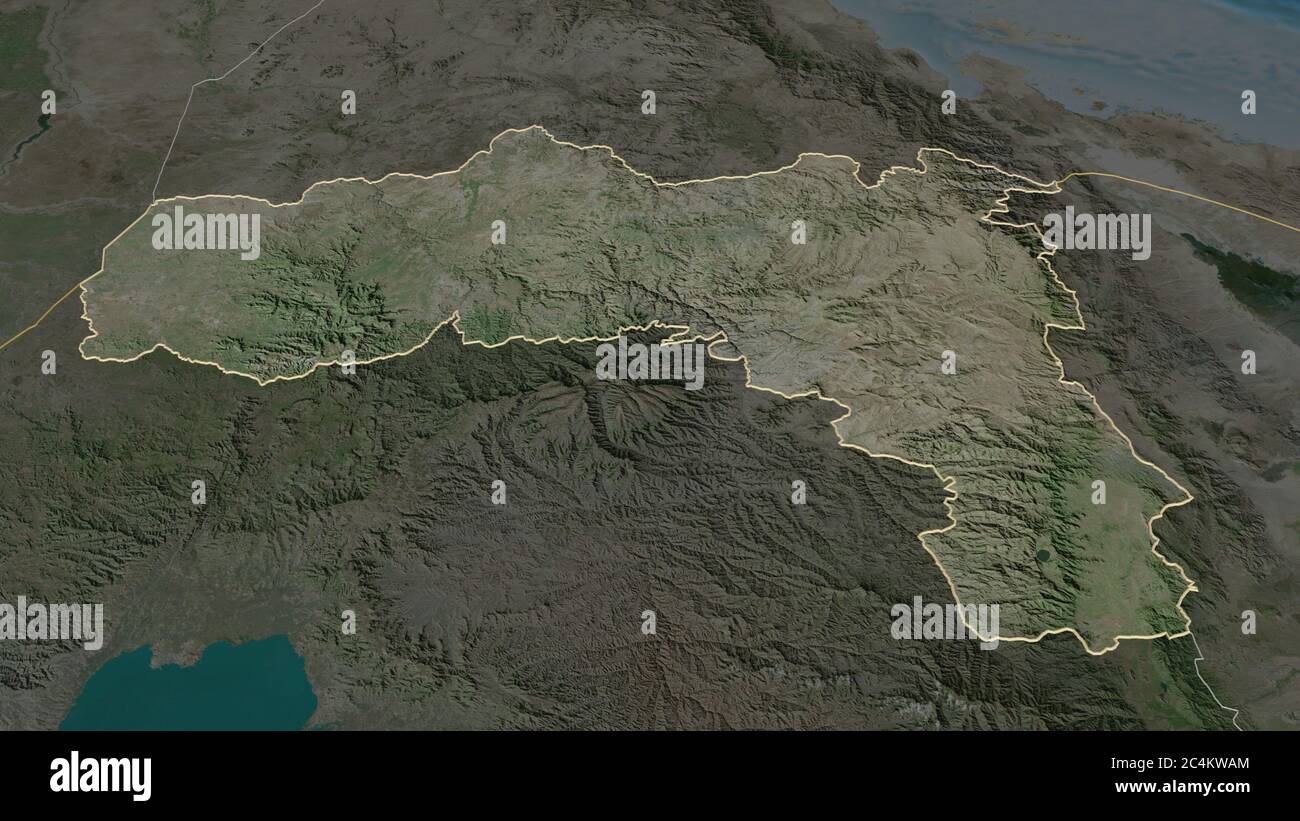 Zoom in on Tigray (state of Ethiopia) outlined. Oblique perspective ...
