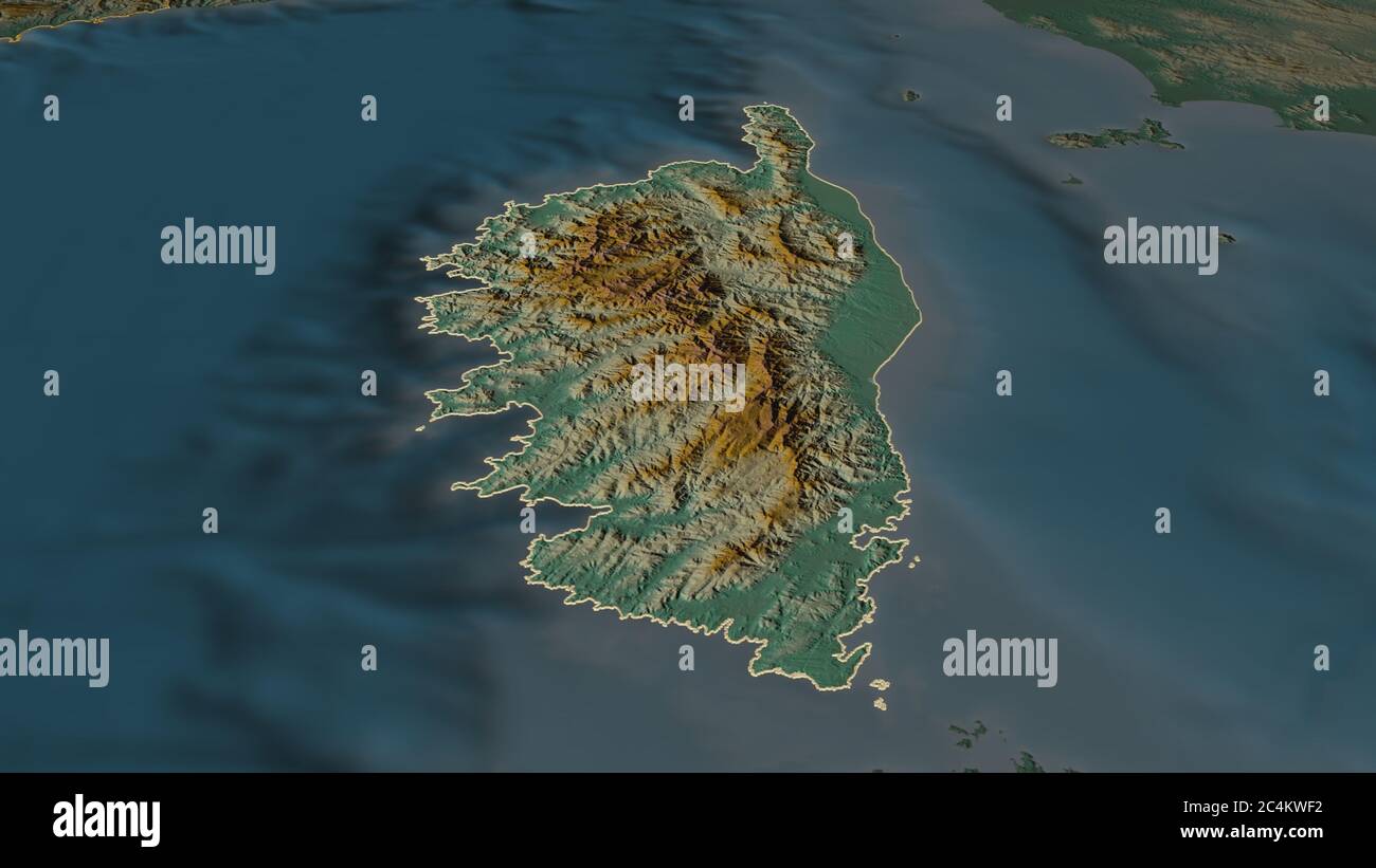 Zoom in on Corse (region of France) outlined. Oblique perspective ...