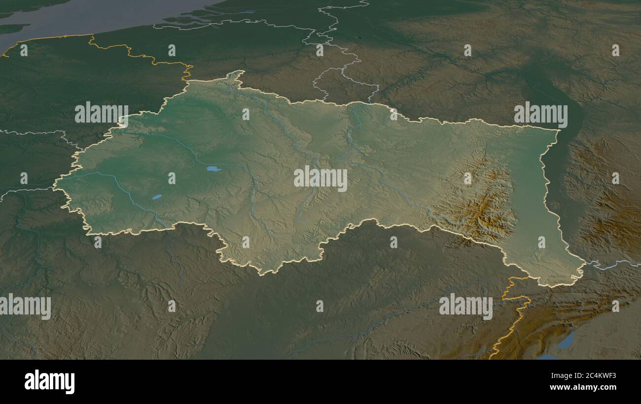 Zoom in on Grand Est (region of France) outlined. Oblique perspective ...
