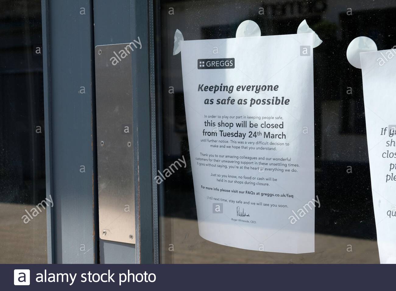 Greggs the baker closed notice on the shop door notifying customers of ...