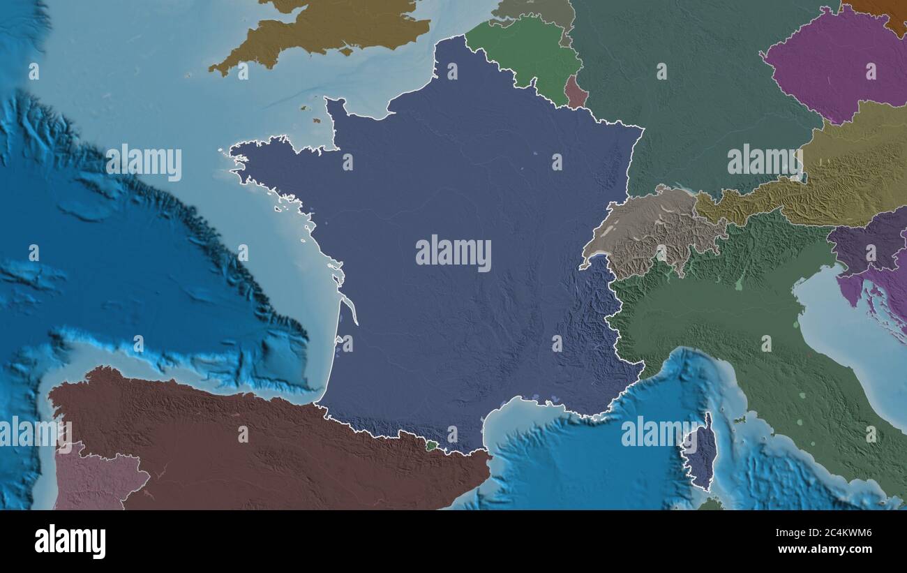 Outlined shape of the France area. Colored and bumped map of the ...