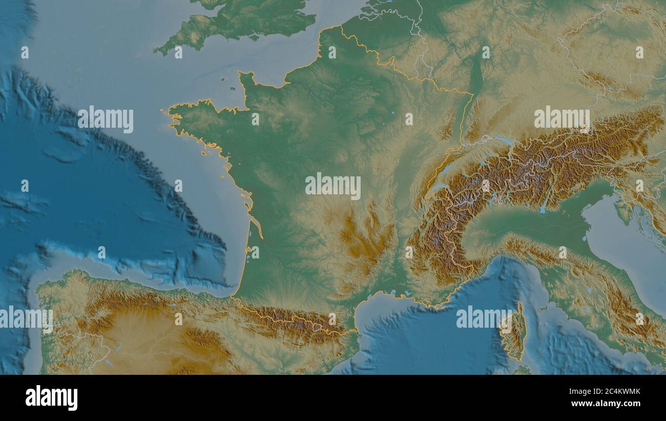 Outlined shape of the France area. Topographic relief map with surface ...