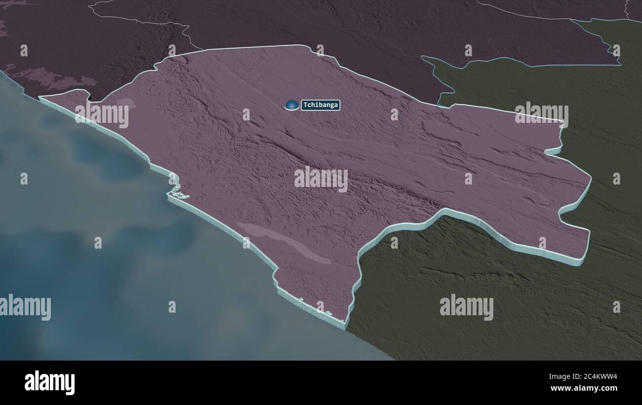 Zoom in on Nyanga (province of Gabon) extruded. Oblique perspective ...