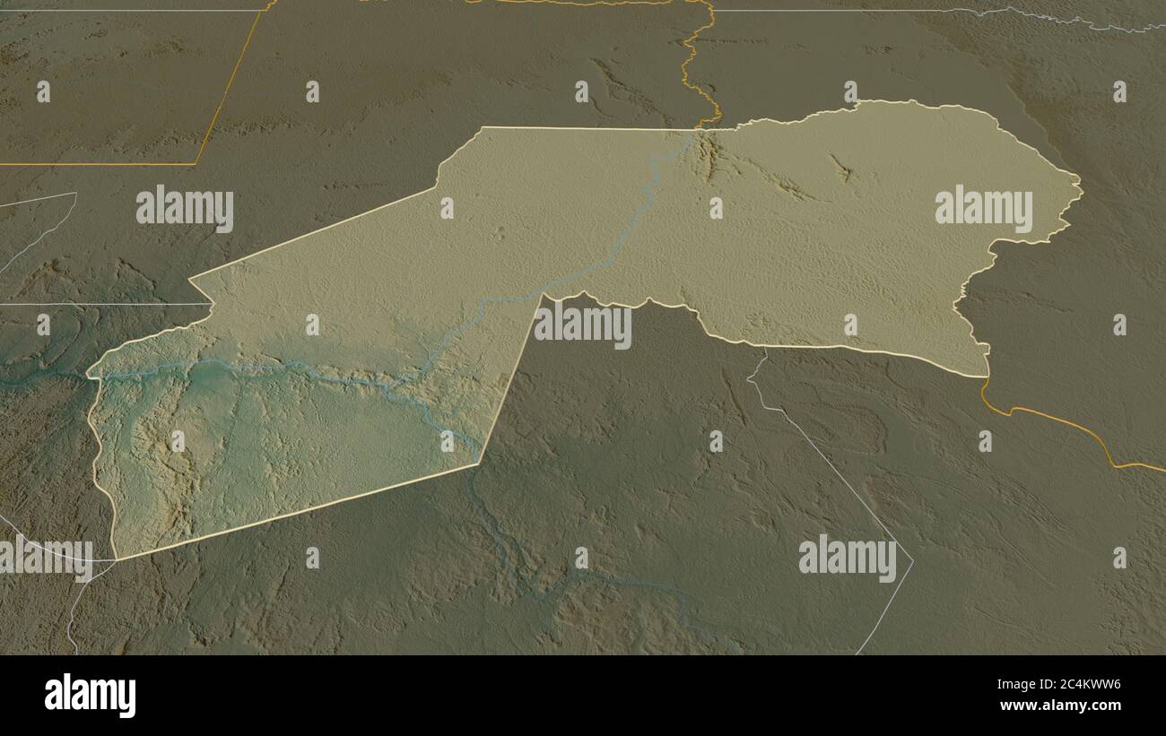 Zoom in on Ogooué-Ivindo (province of Gabon) outlined. Oblique ...