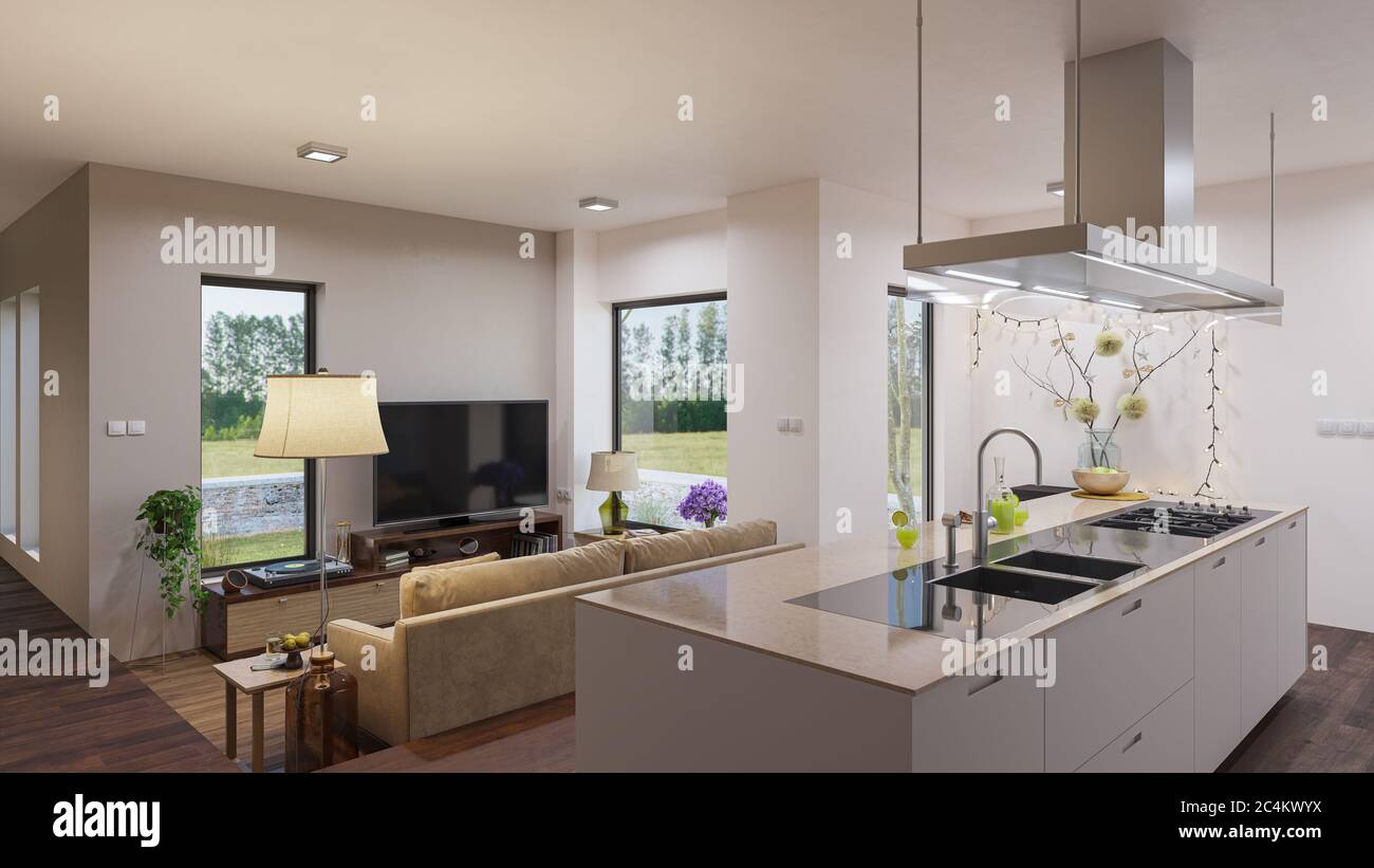 Slightly Illuminated Open Plan Living Room with the Kitchen on Elevated ...