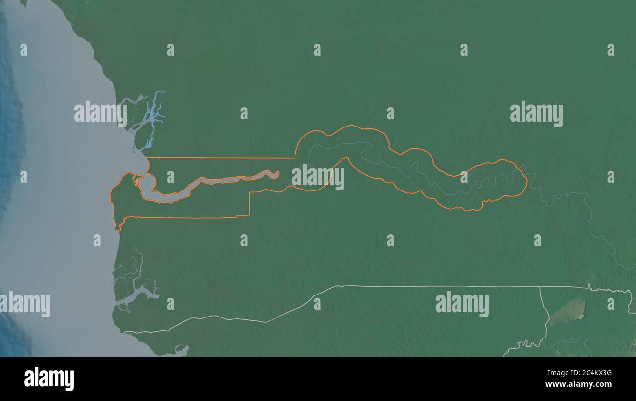 Outlined shape of the Gambia area. Topographic relief map with surface ...