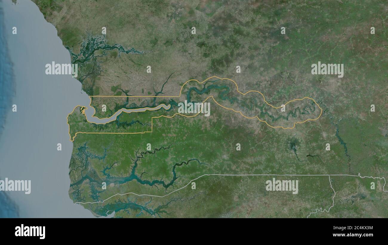 Outlined shape of the Gambia area. Satellite imagery. 3D rendering ...