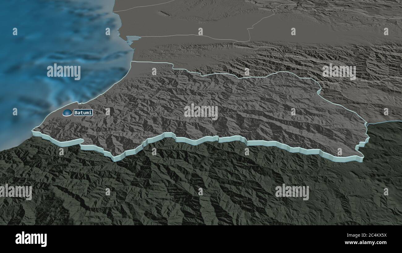 Zoom in on Ajaria (autonomous republic of Georgia) extruded. Oblique ...