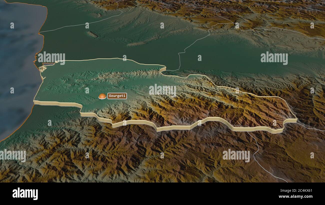 Zoom in on Guria (region of Georgia) extruded. Oblique perspective ...