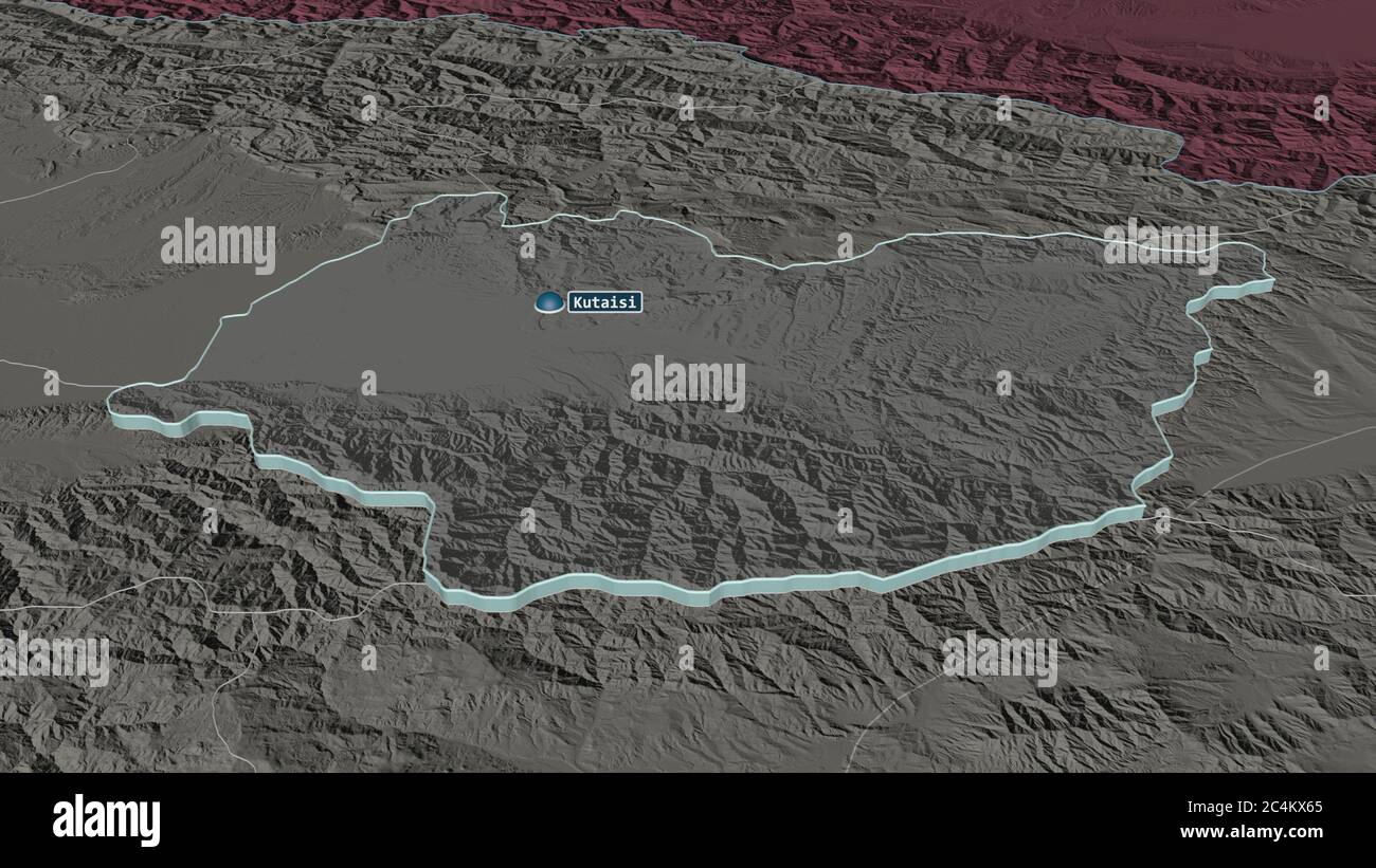 Zoom in on Imereti (region of Georgia) extruded. Oblique perspective ...