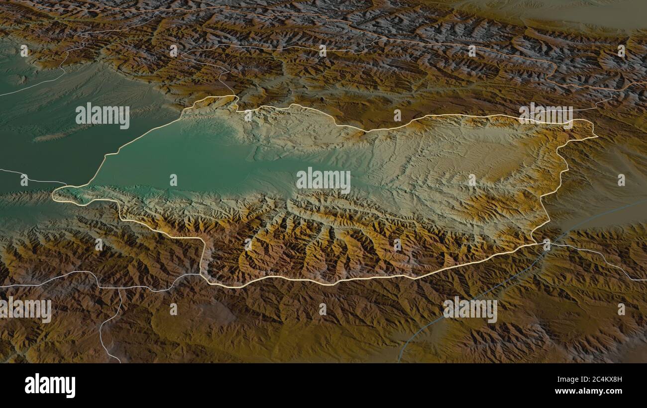 Zoom in on Imereti (region of Georgia) outlined. Oblique perspective ...