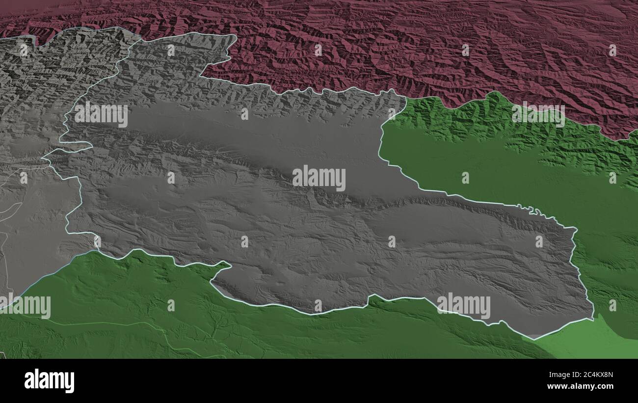 Zoom in on Kakheti (region of Georgia) outlined. Oblique perspective ...