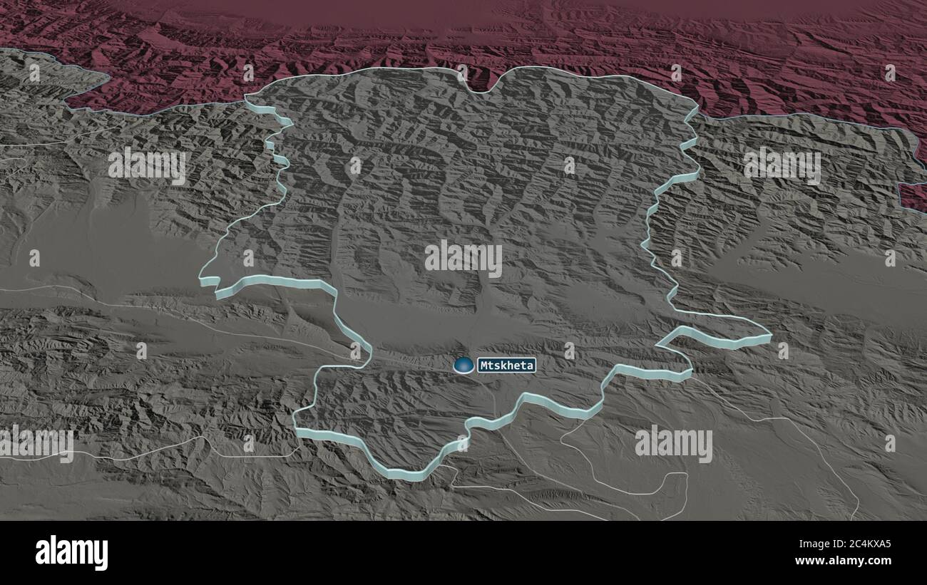 Zoom in on Mtskheta-Mtianeti (region of Georgia) extruded. Oblique ...