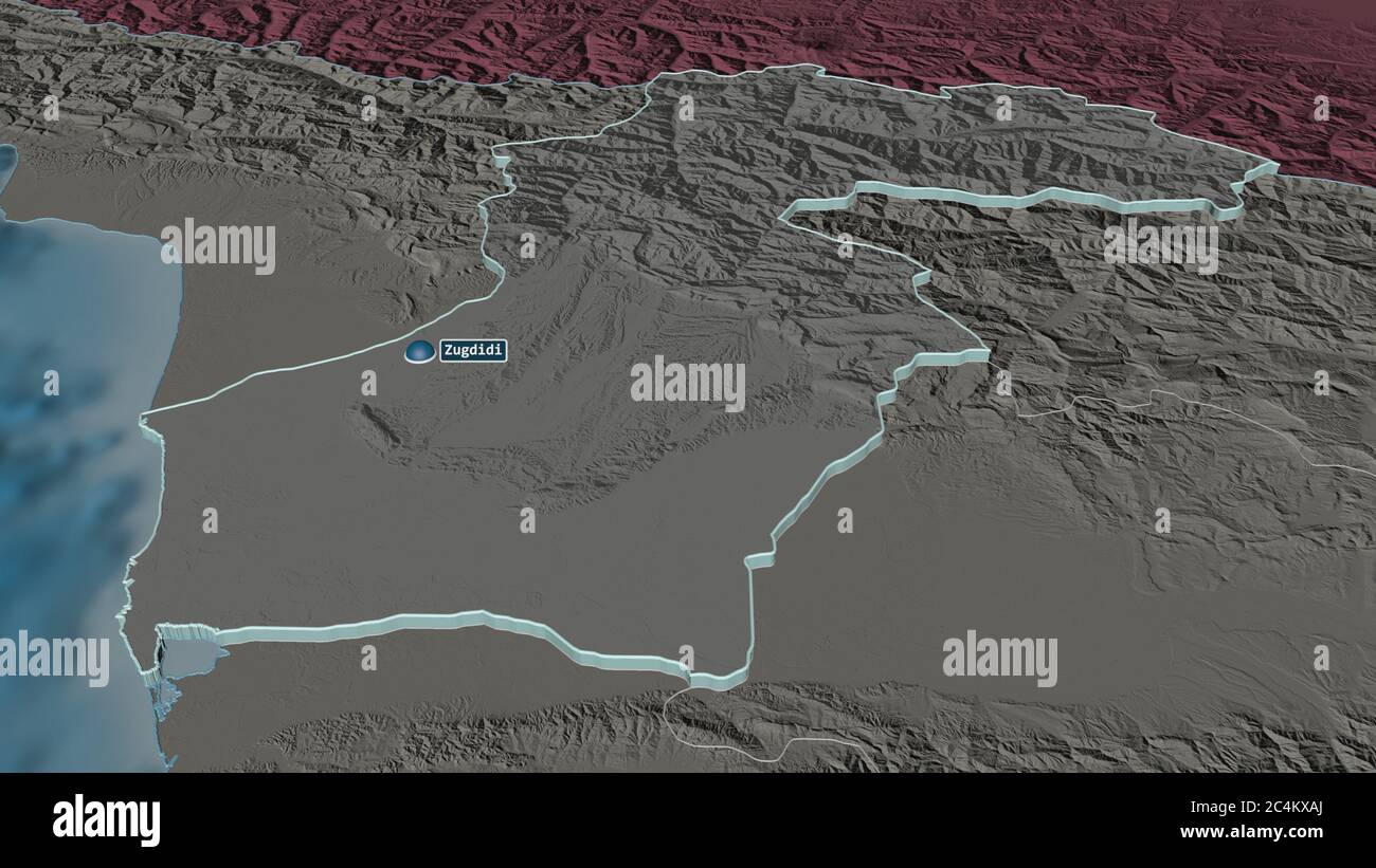 Zoom in on Samegrelo-Zemo Svaneti (region of Georgia) extruded. Oblique ...