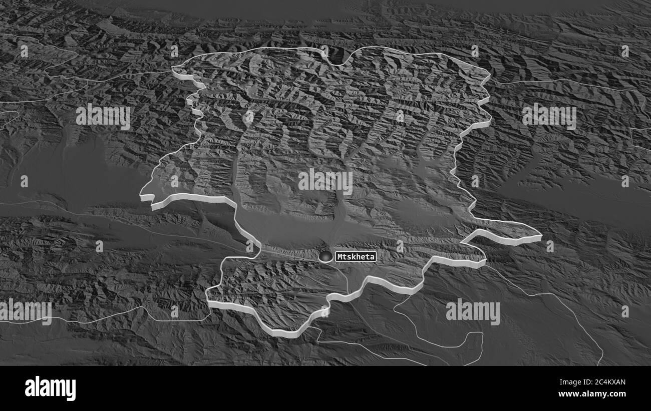 Zoom in on Mtskheta-Mtianeti (region of Georgia) extruded. Oblique ...