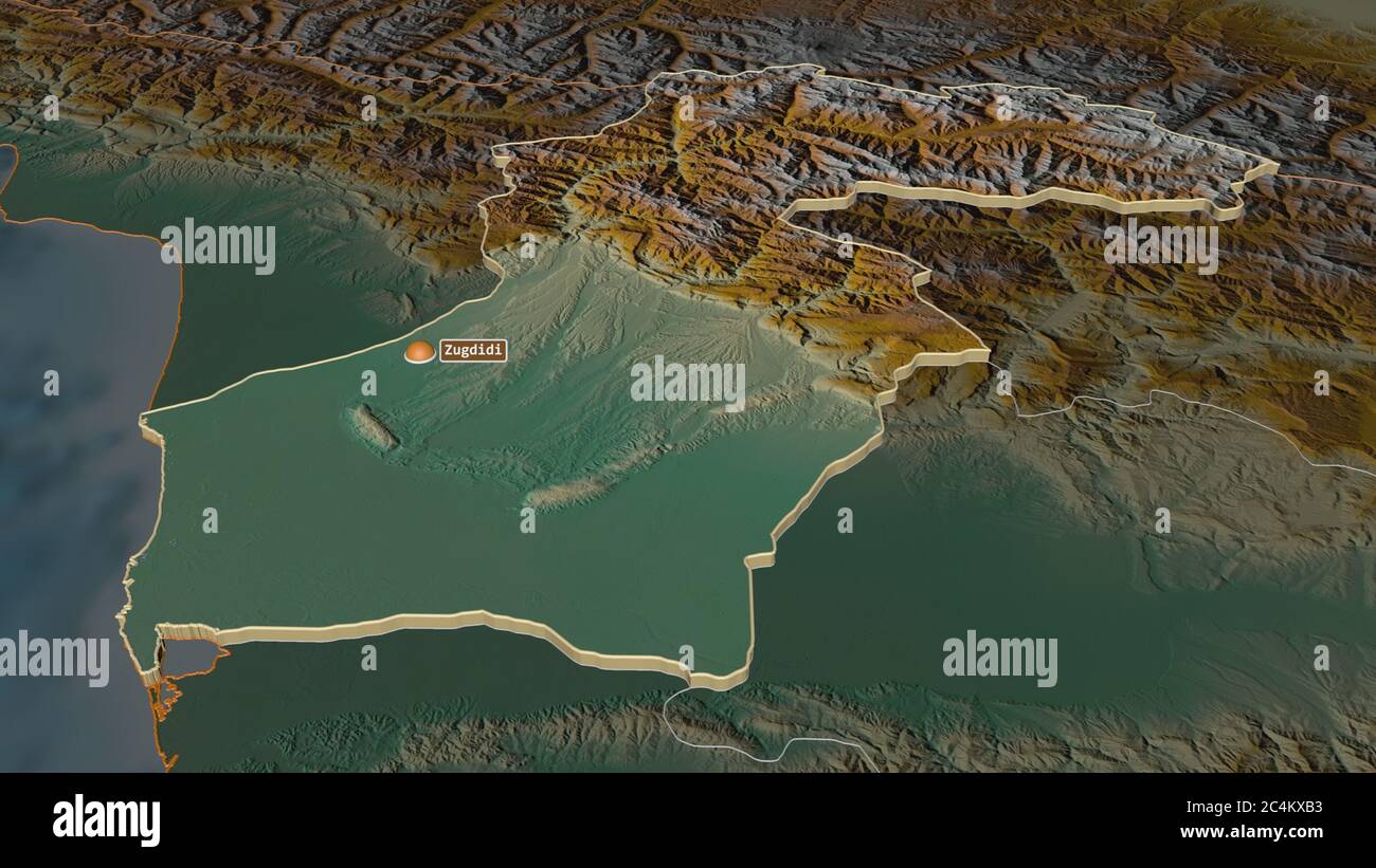 Zoom in on Samegrelo-Zemo Svaneti (region of Georgia) extruded. Oblique ...