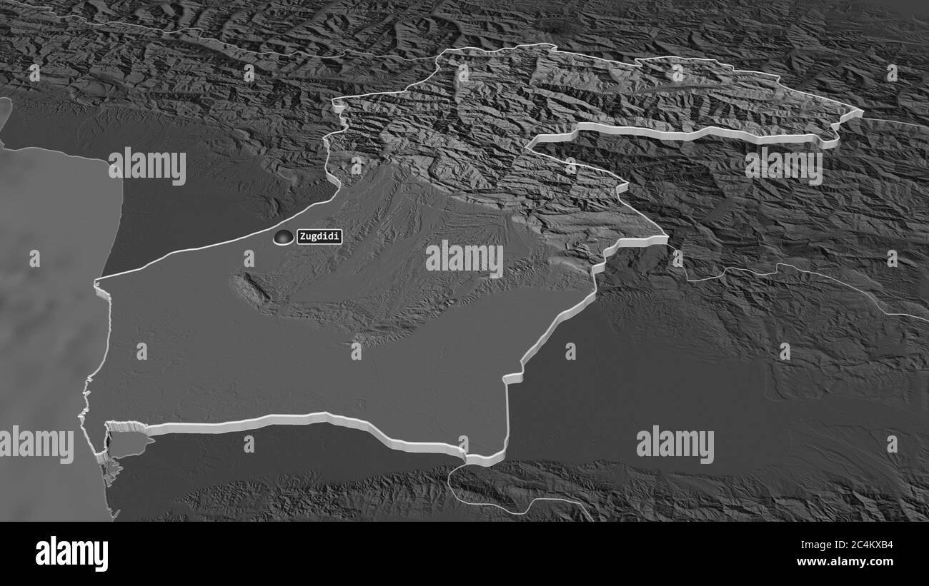 Zoom in on Samegrelo-Zemo Svaneti (region of Georgia) extruded. Oblique ...