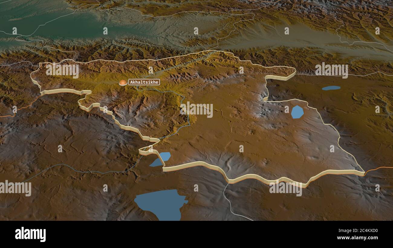 Zoom in on Samtskhe-Javakheti (region of Georgia) extruded. Oblique perspective. Topographic ...