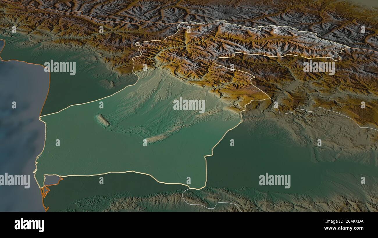 Zoom in on Samegrelo-Zemo Svaneti (region of Georgia) outlined. Oblique ...
