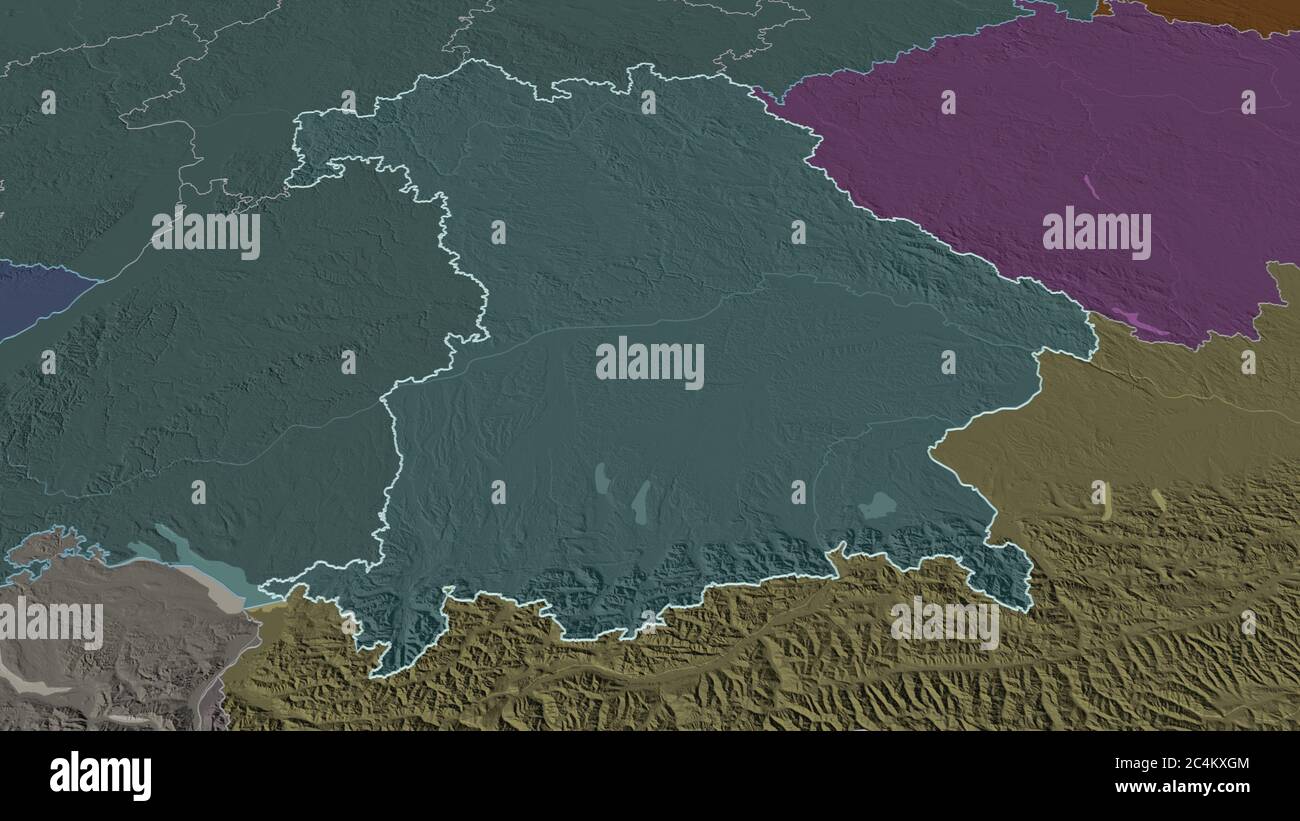 Zoom in on Bavaria (state of Germany) outlined. Oblique perspective ...