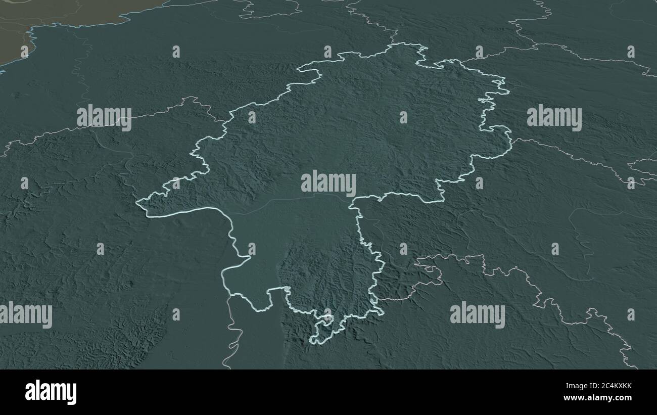 Zoom in on Hessen (state of Germany) outlined. Oblique perspective ...