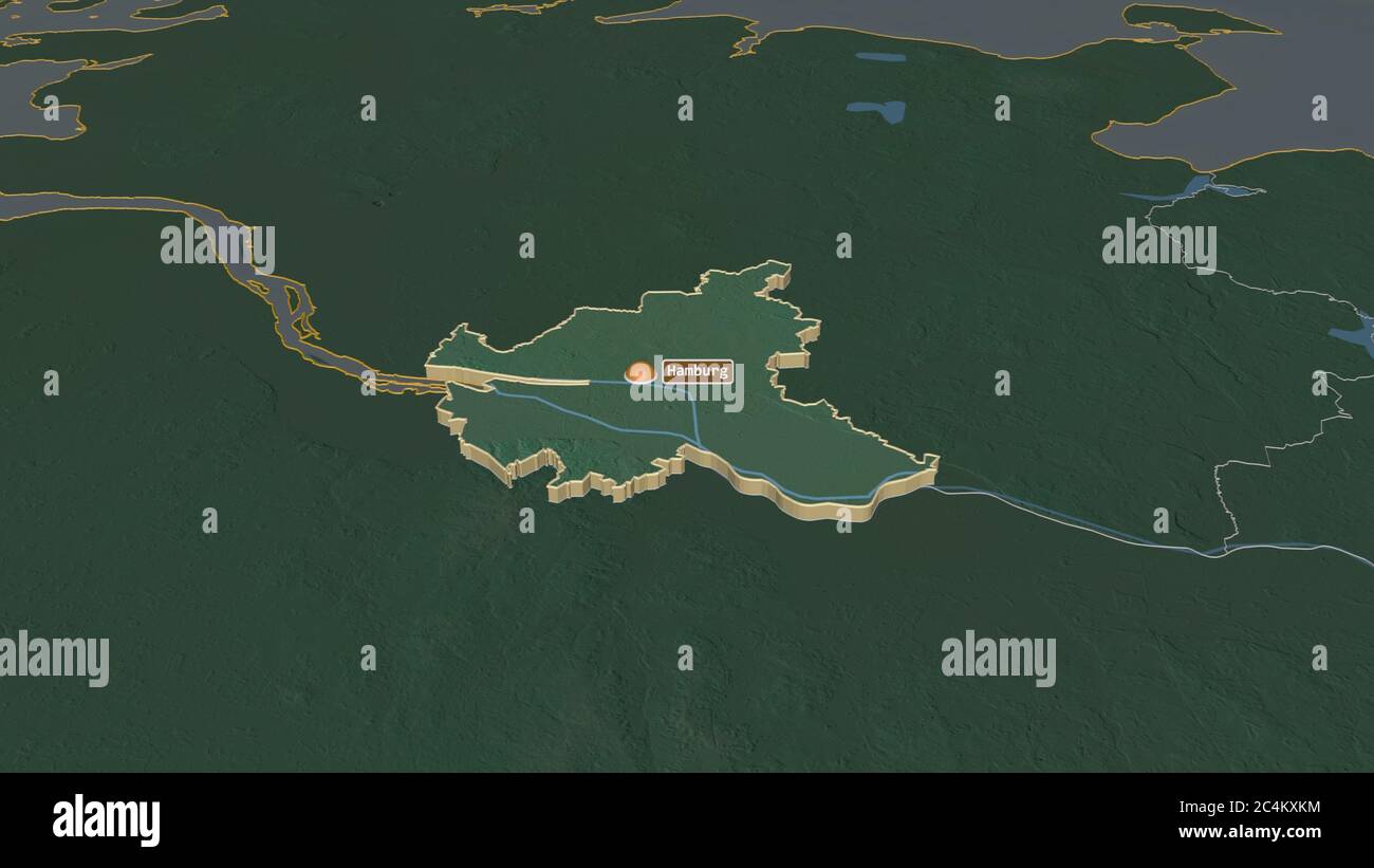 Zoom in on Hamburg (state of Germany) extruded. Oblique perspective ...