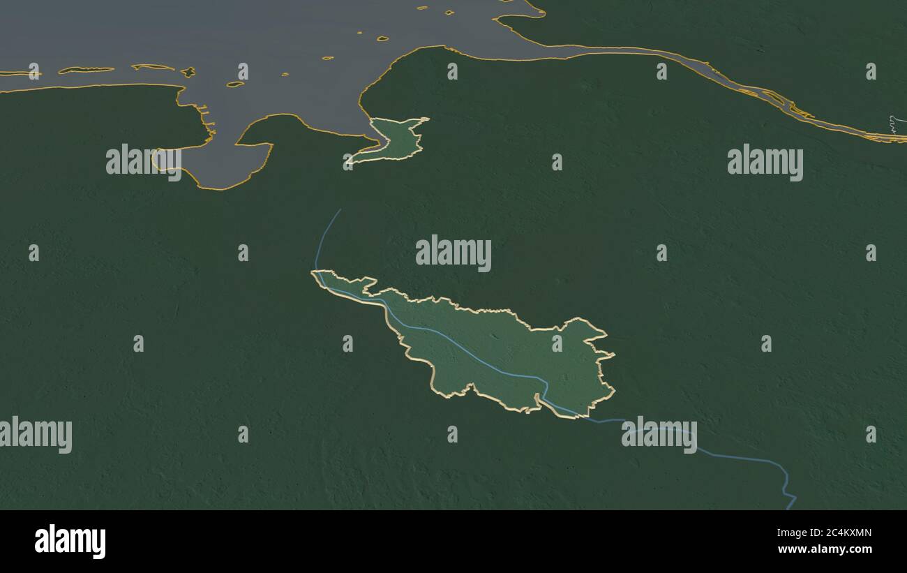 Zoom in on Bremen (state of Germany) outlined. Oblique perspective ...