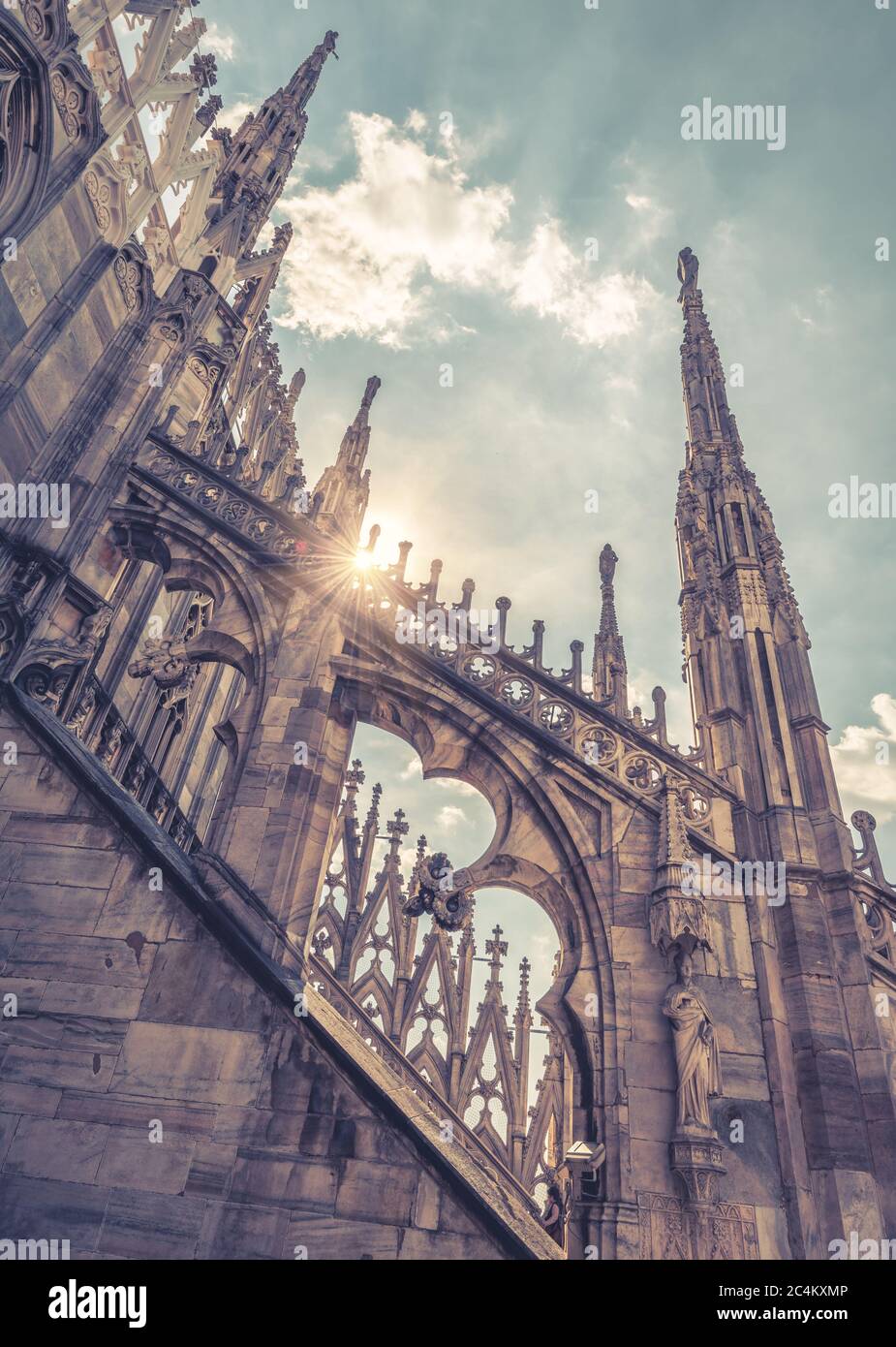 Milan Cathedral closeup, Italy. Detail of luxury decoration of roof ...
