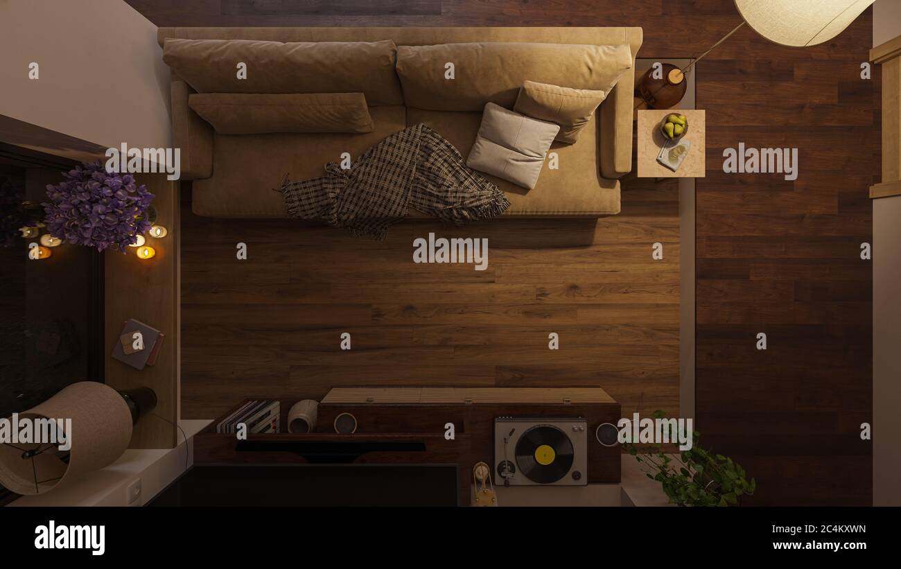 Top View of an Illuminated Living Room with Furniture in Dim Lighting ...