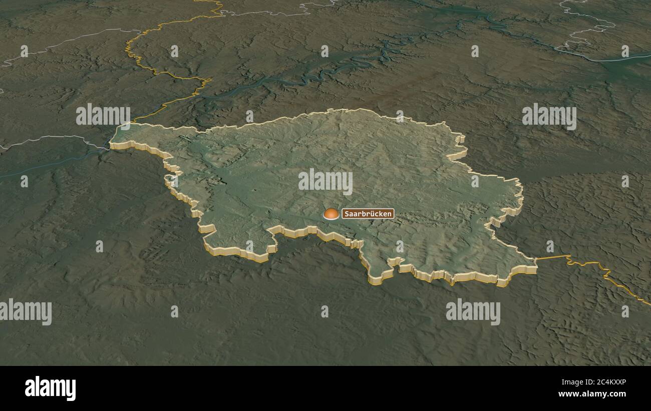 Zoom in on Saarland (state of Germany) extruded. Oblique perspective ...