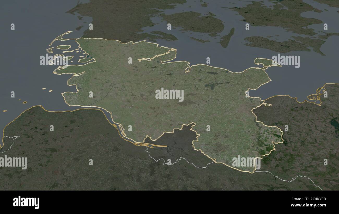 Zoom in on Schleswig-Holstein (state of Germany) outlined. Oblique ...