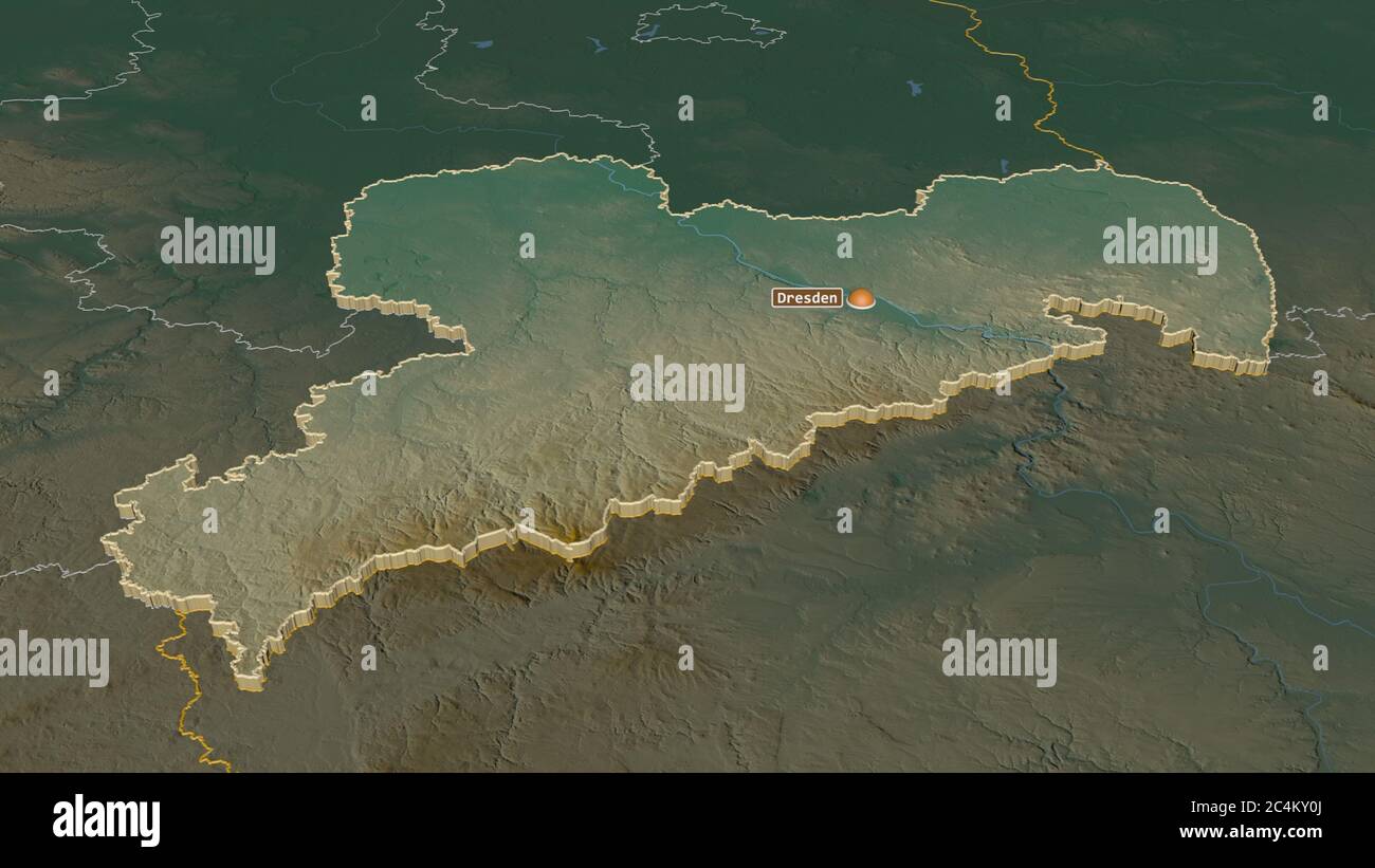 Zoom in on Sachsen (state of Germany) extruded. Oblique perspective ...