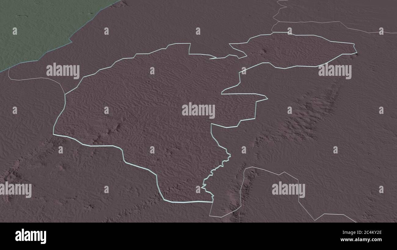 Zoom in on Ahafo (region of Ghana) outlined. Oblique perspective ...
