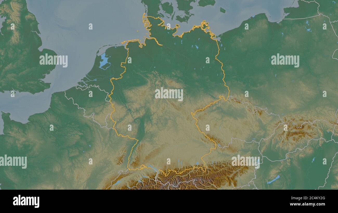 Outlined shape of the Germany area. Topographic relief map with surface ...