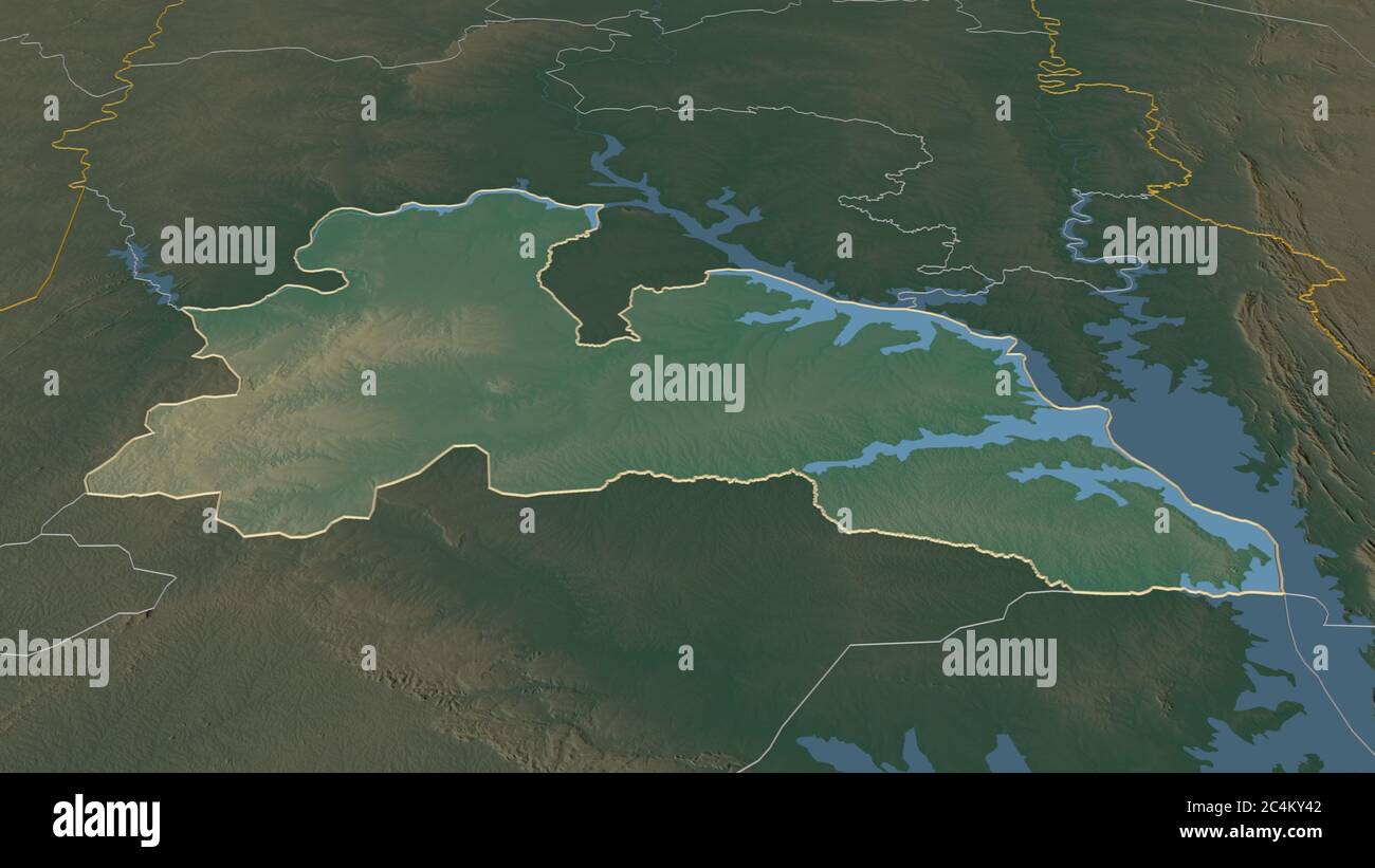 Zoom in on Bono East (region of Ghana) outlined. Oblique perspective ...