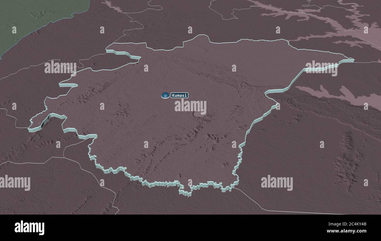 Zoom in on Ashanti (region of Ghana) extruded. Oblique perspective ...
