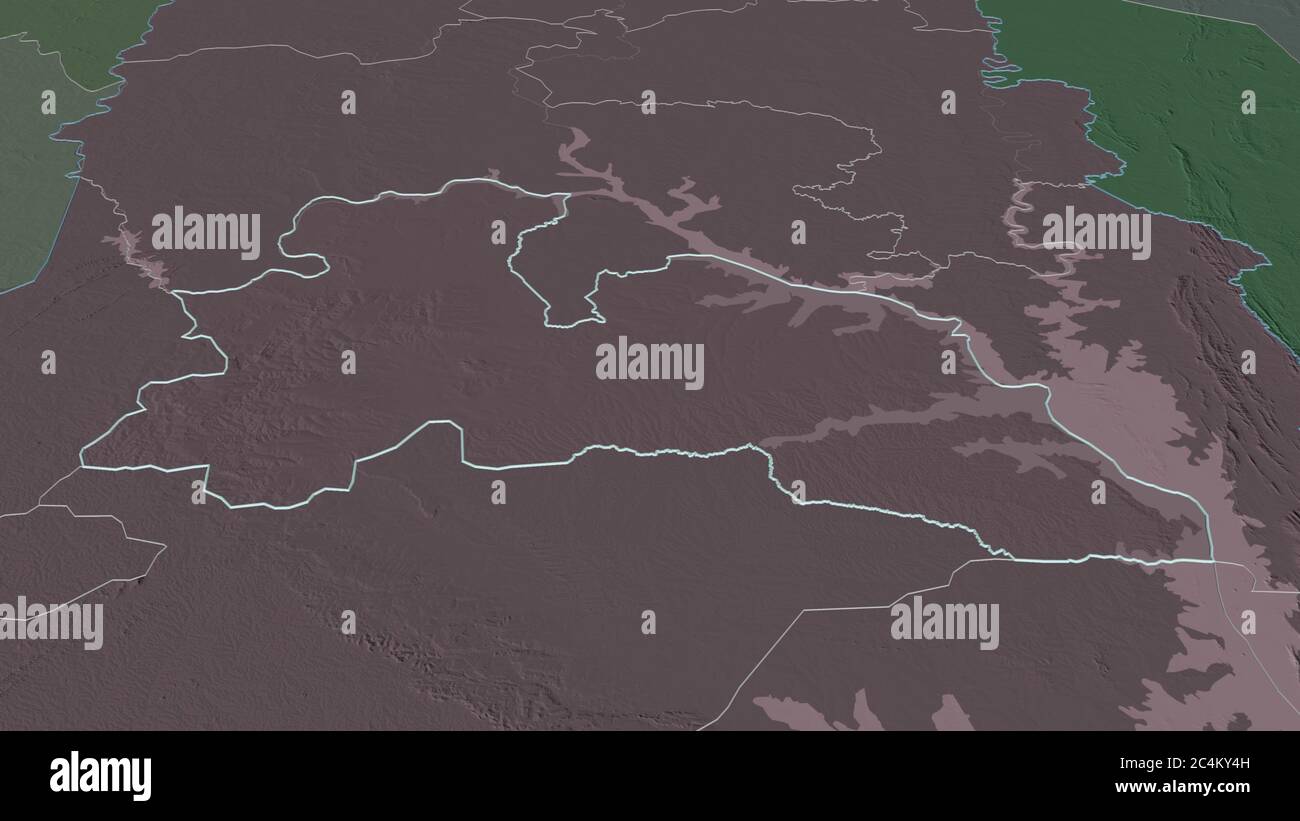 Zoom in on Bono East (region of Ghana) outlined. Oblique perspective ...