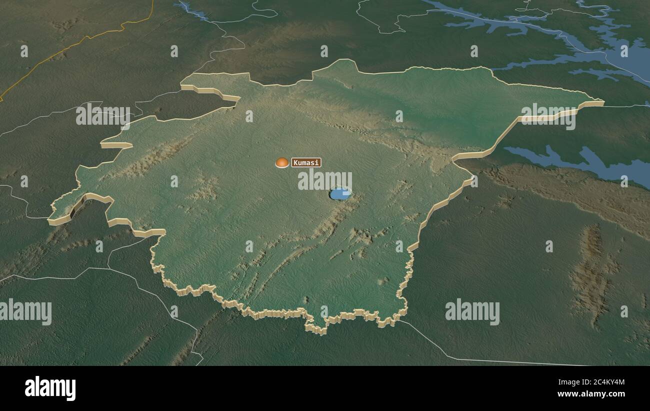 Zoom in on Ashanti (region of Ghana) extruded. Oblique perspective ...