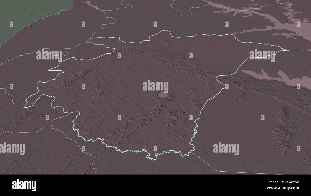 Zoom in on Ashanti (region of Ghana) outlined. Oblique perspective ...