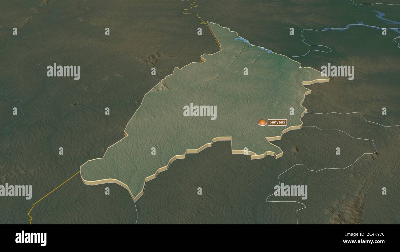 Zoom in on Bono (region of Ghana) extruded. Oblique perspective ...