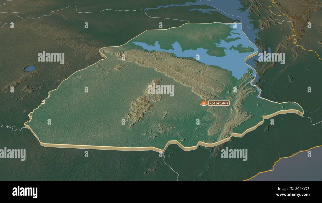 Zoom in on Eastern (region of Ghana) extruded. Oblique perspective ...