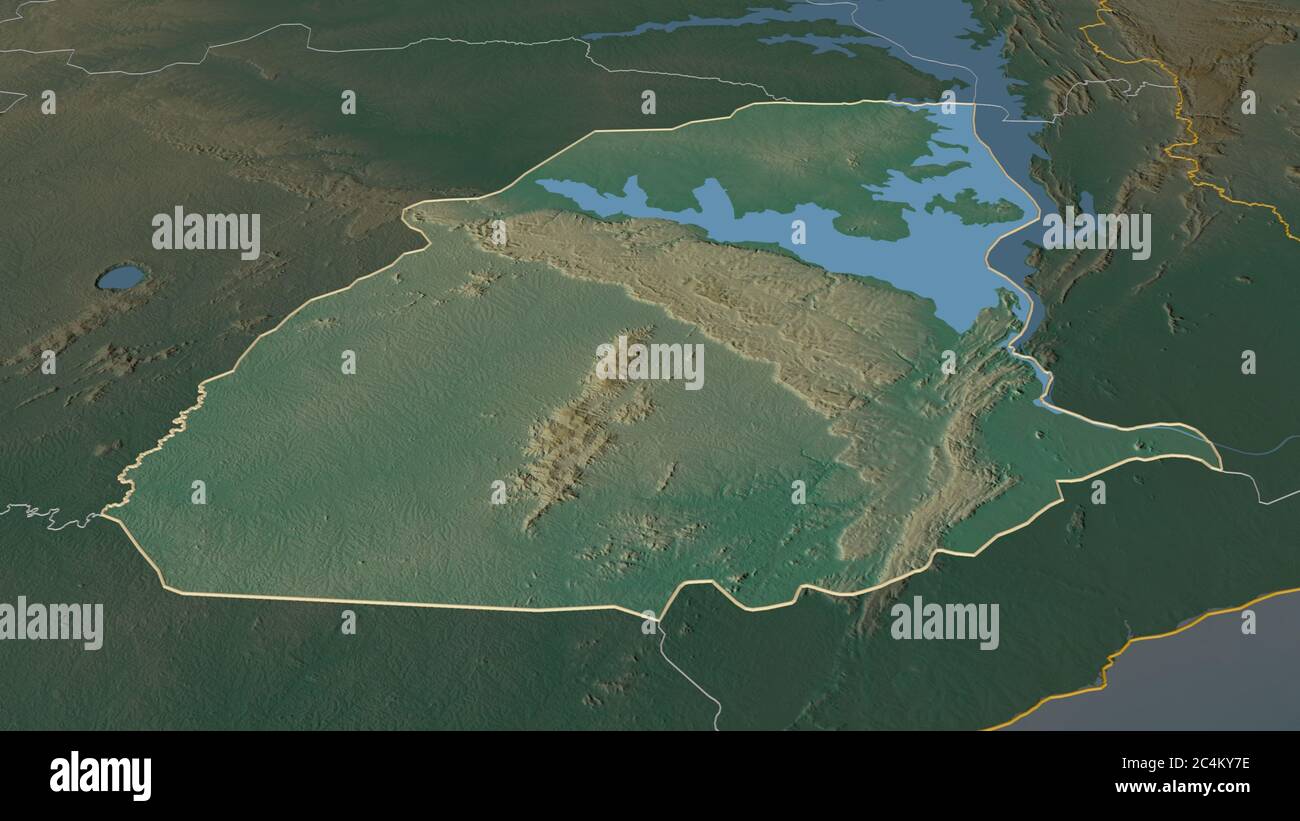 Zoom in on Eastern (region of Ghana) outlined. Oblique perspective ...