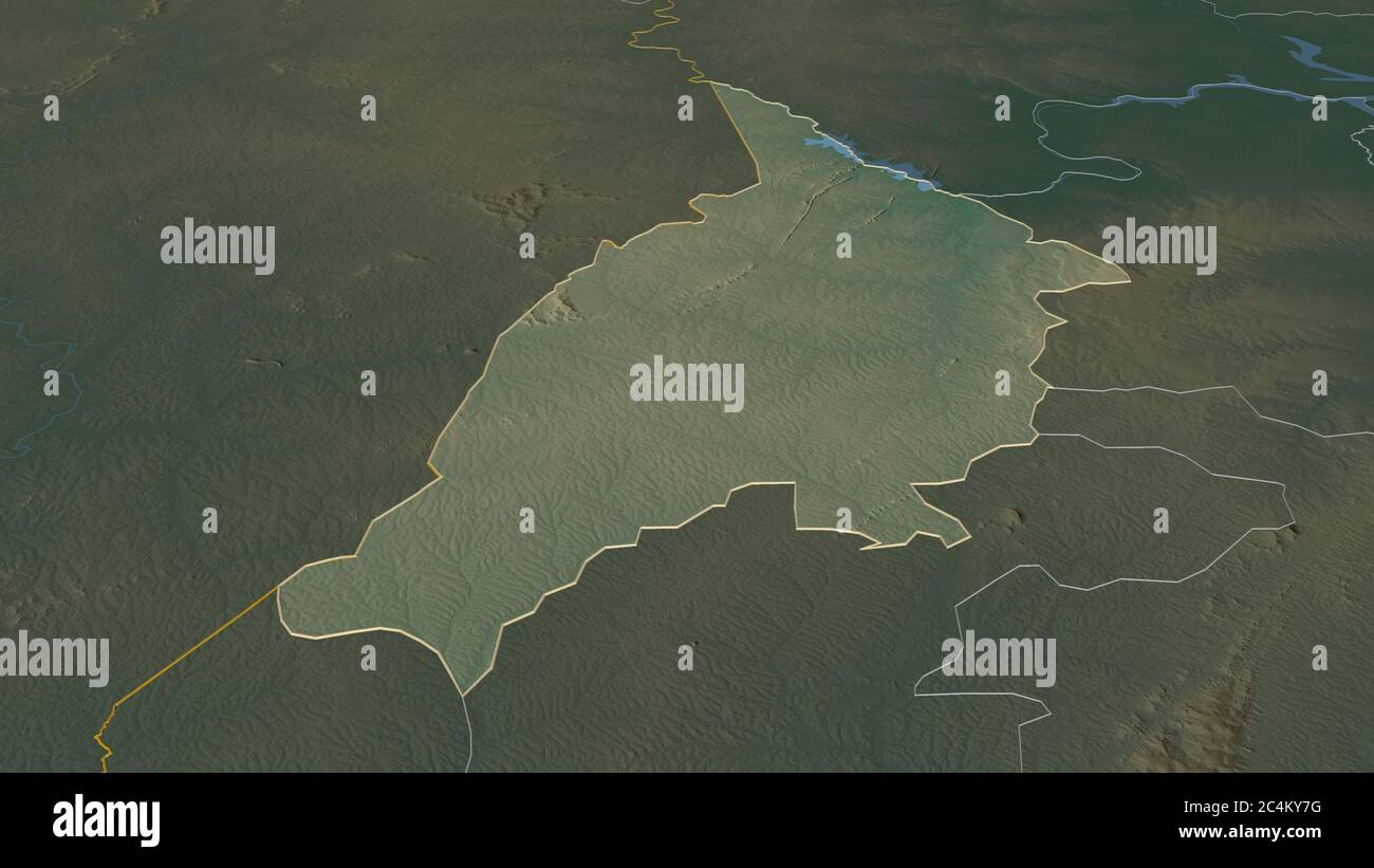 Zoom in on Bono (region of Ghana) outlined. Oblique perspective ...