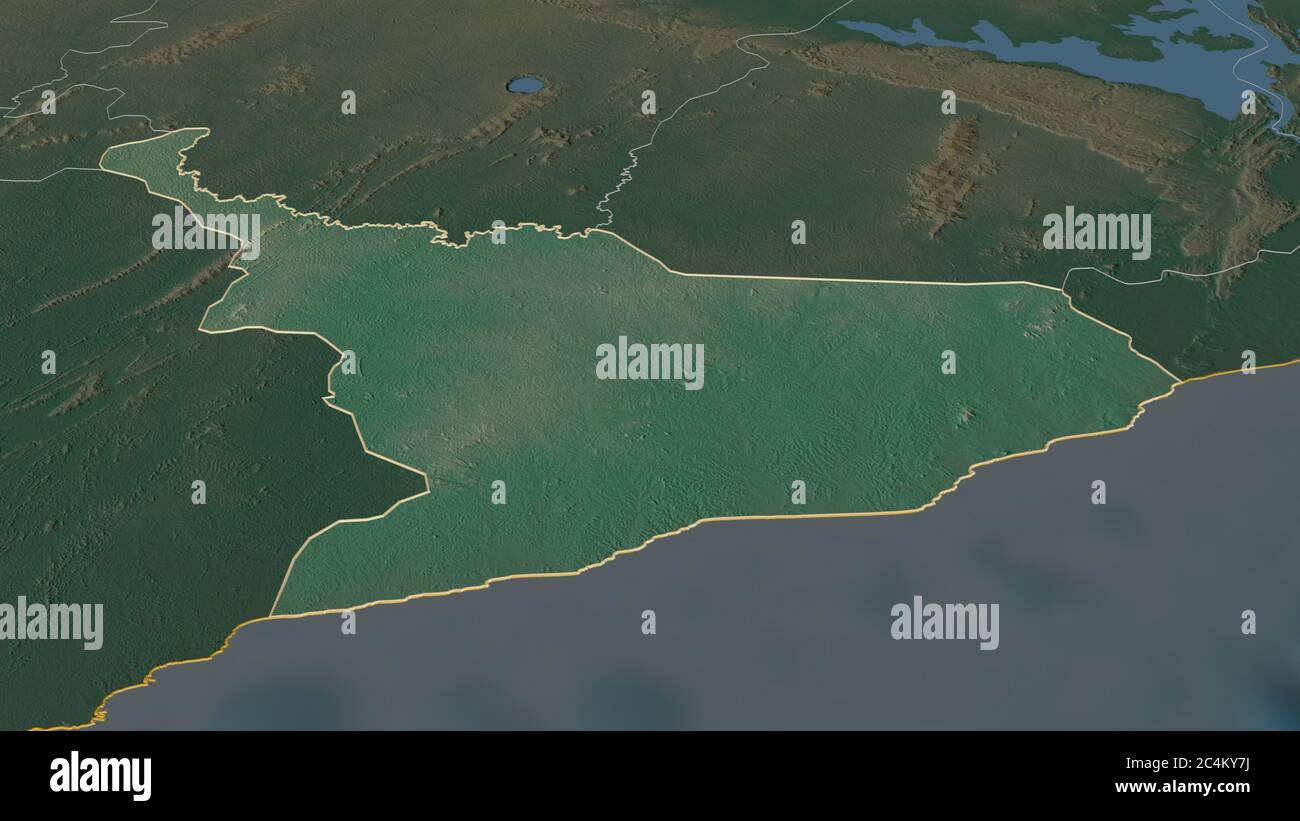 Zoom in on Central (region of Ghana) outlined. Oblique perspective ...