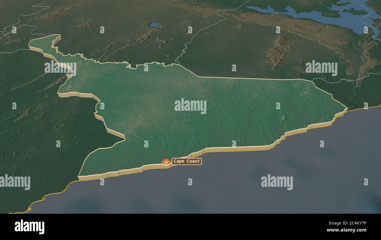 Zoom in on Central (region of Ghana) extruded. Oblique perspective ...