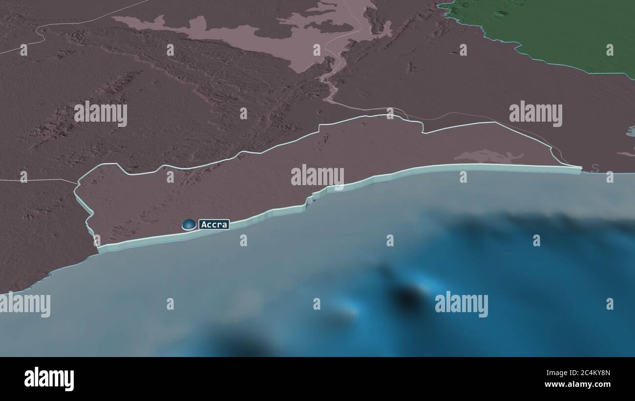 Zoom in on Greater Accra (region of Ghana) extruded. Oblique ...