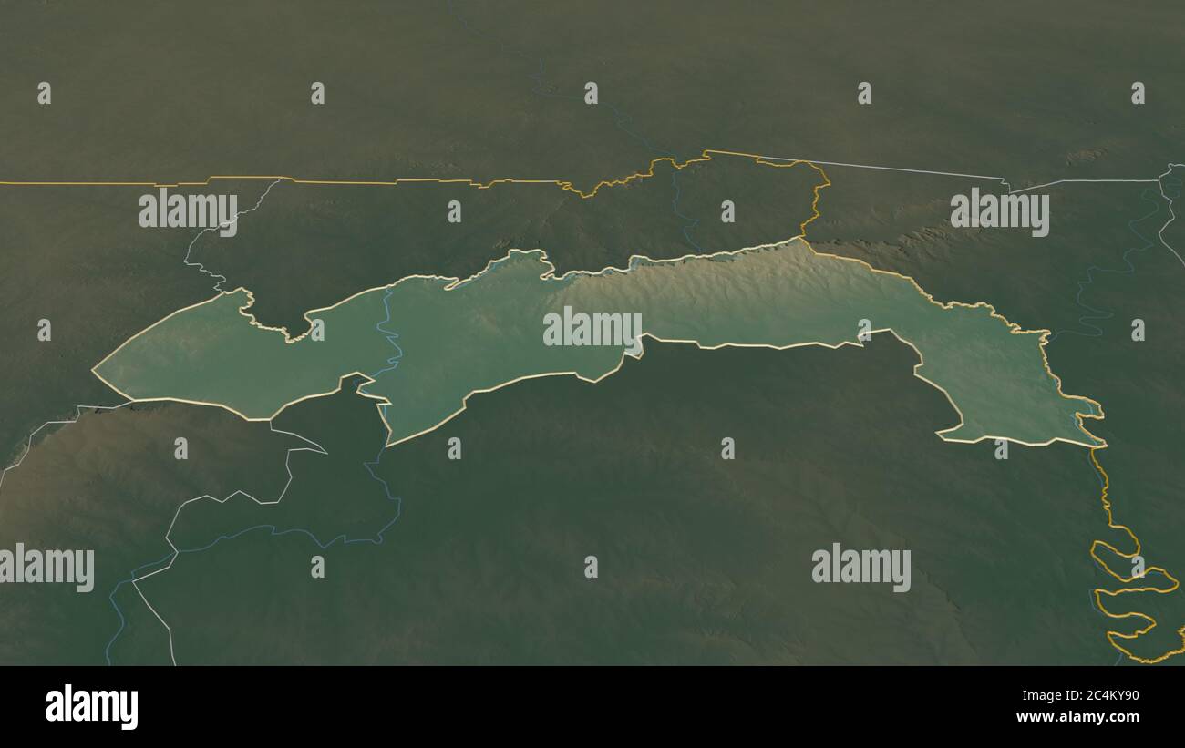 Zoom in on North East (region of Ghana) outlined. Oblique perspective ...
