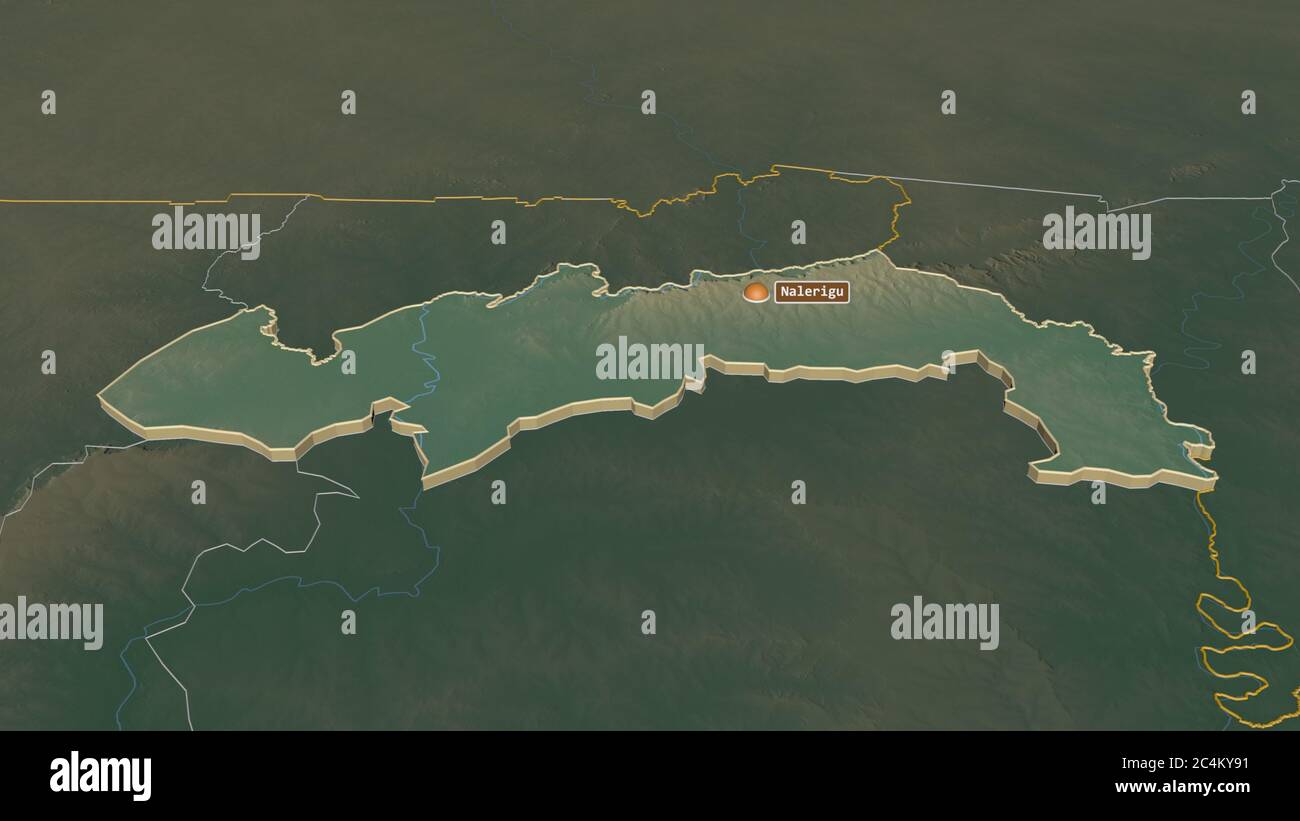Zoom in on North East (region of Ghana) extruded. Oblique perspective ...