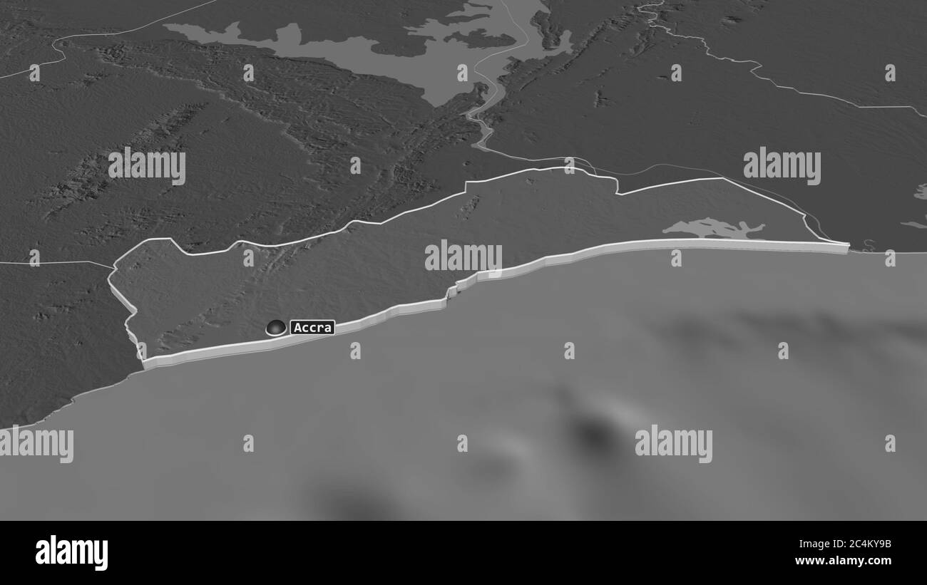 Zoom in on Greater Accra (region of Ghana) extruded. Oblique ...